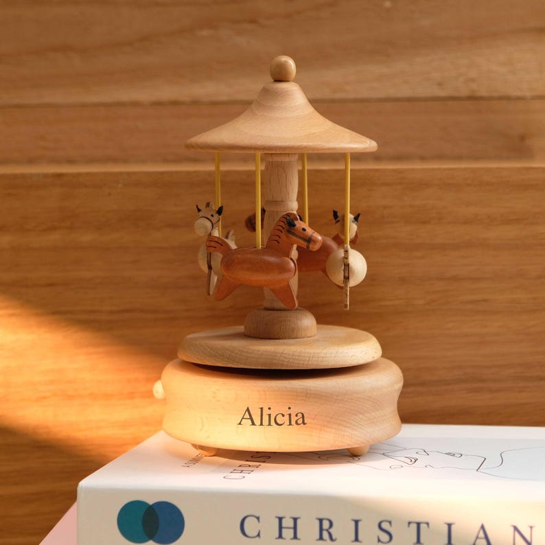 Personalized Musical Carousel, Custom Engraved Wooden Music Box, Baby ...