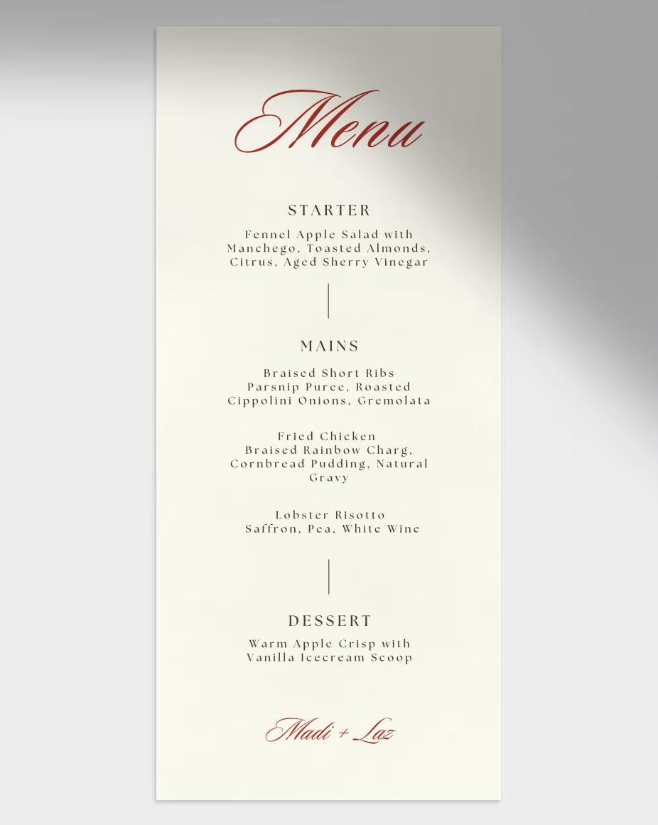 Customizable, Elegant, and Timeless Menu for a Minimalistic Wedding ...