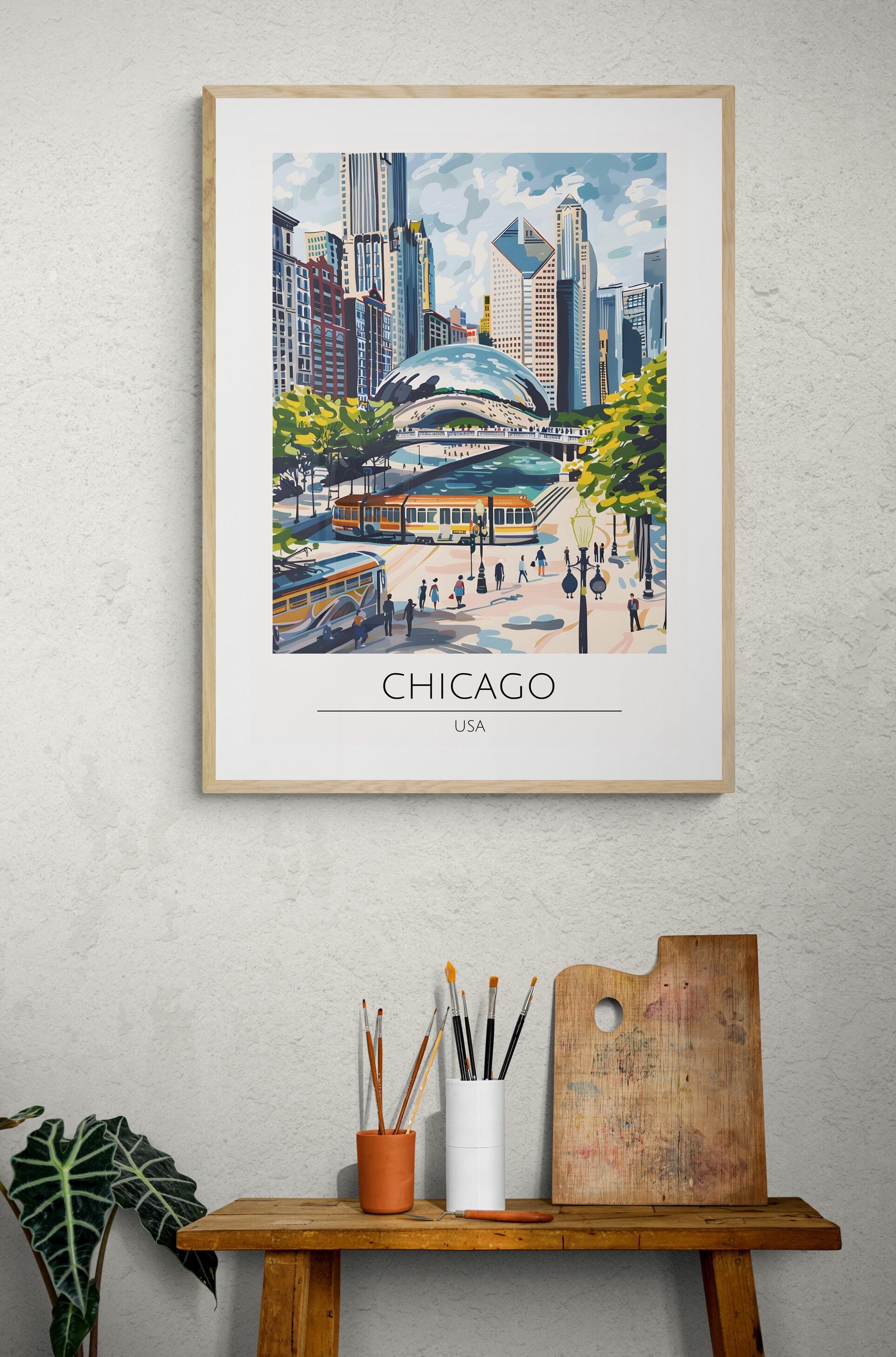 Chicago City Poster Digital Wall Art Urban Skyline Print Cloud Gate - Etsy