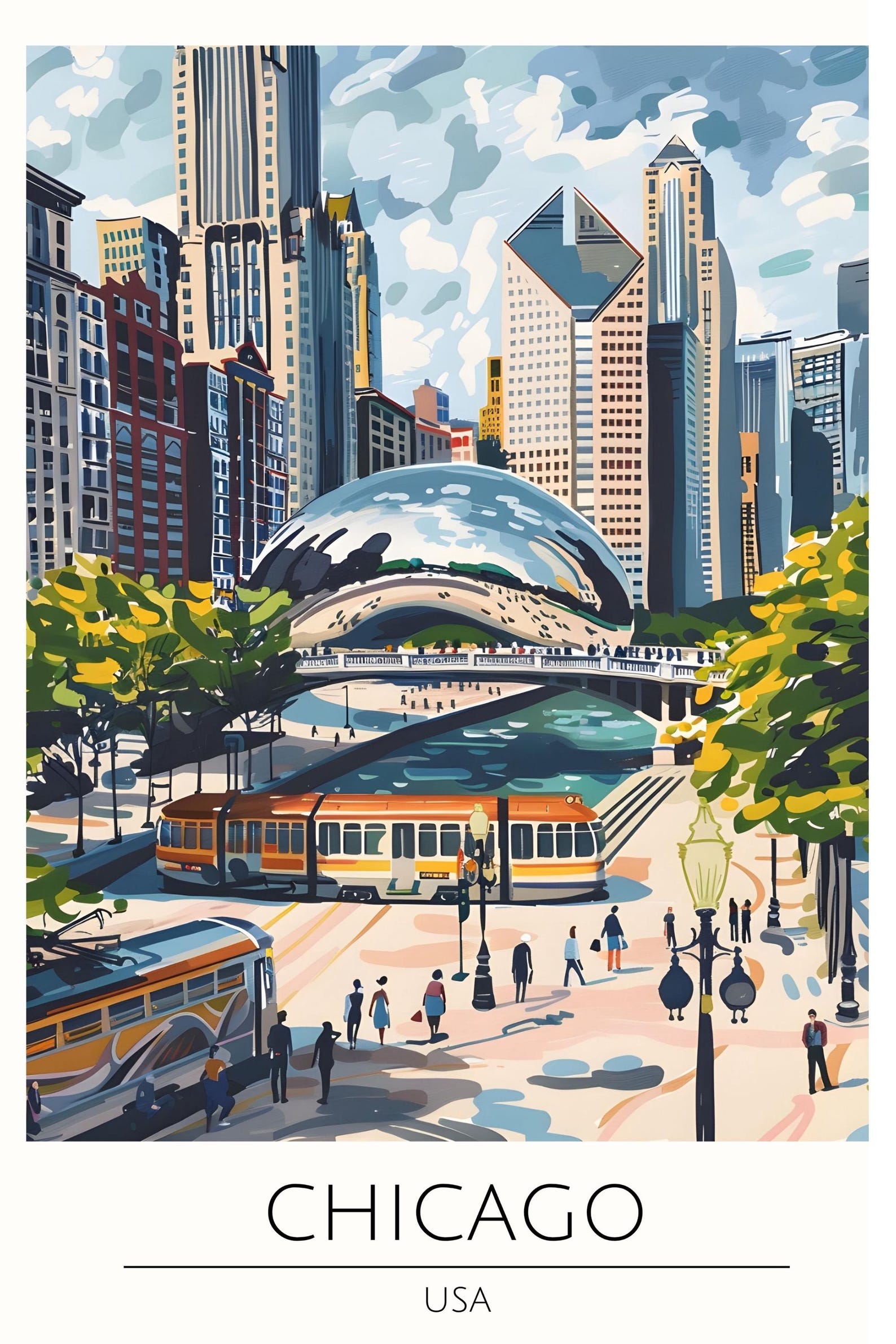 Chicago City Poster Digital Wall Art Urban Skyline Print Cloud Gate - Etsy