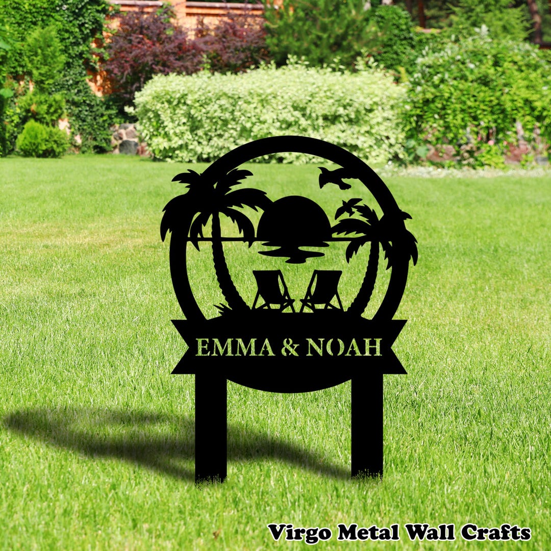 Personalized Metal Garden Stake: Palm Tree Sunset Couple's Yard Sign - Etsy