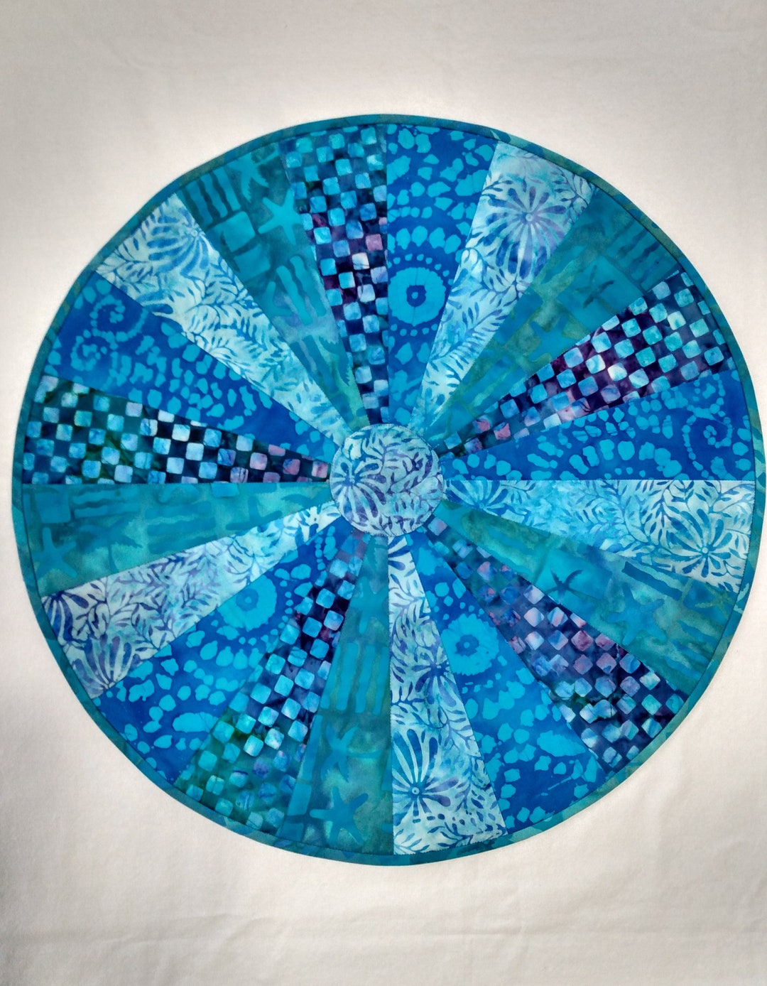 Batik Round Table Topper 23" Patchwork Dresden Pinwheel Summer Blues ...