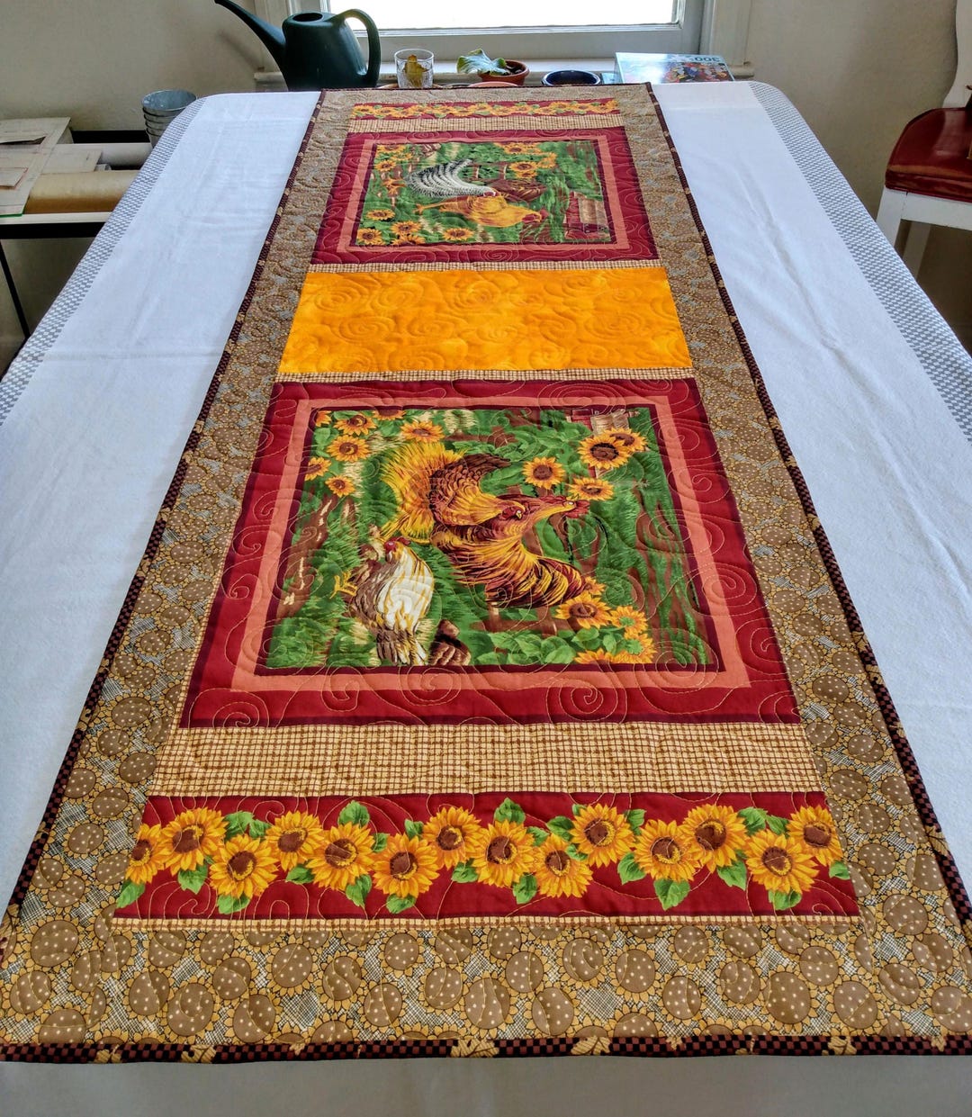 XL Sunflowers Rooster Chickens Table Runner 20 X 54.5 Quilted Country ...