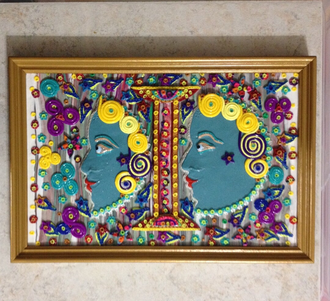 Gemini Zodiac Twins Mosaic Relief Sculpture Waxing Moons Framed Antique ...