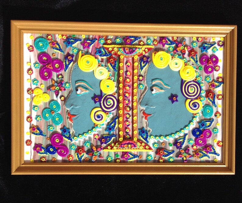 Gemini Zodiac Twins Mosaic Relief Sculpture Waxing Moons | Etsy