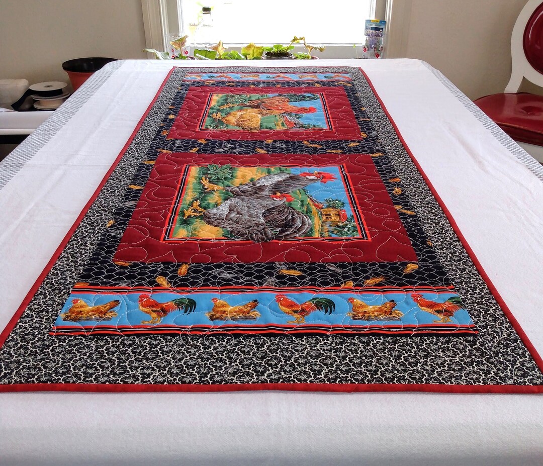 Lg Handsome Chickens Table Runner 20 X 47.5 Quilted Hen Rooster Chicks ...