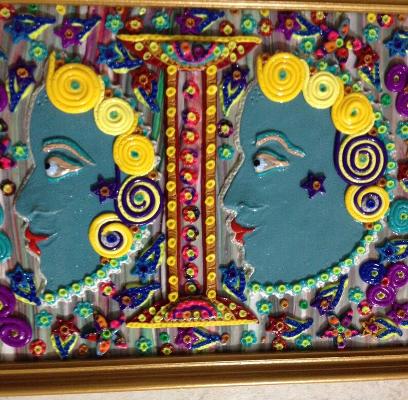Gemini Zodiac Twins Mosaic Relief Sculpture Waxing Moons | Etsy