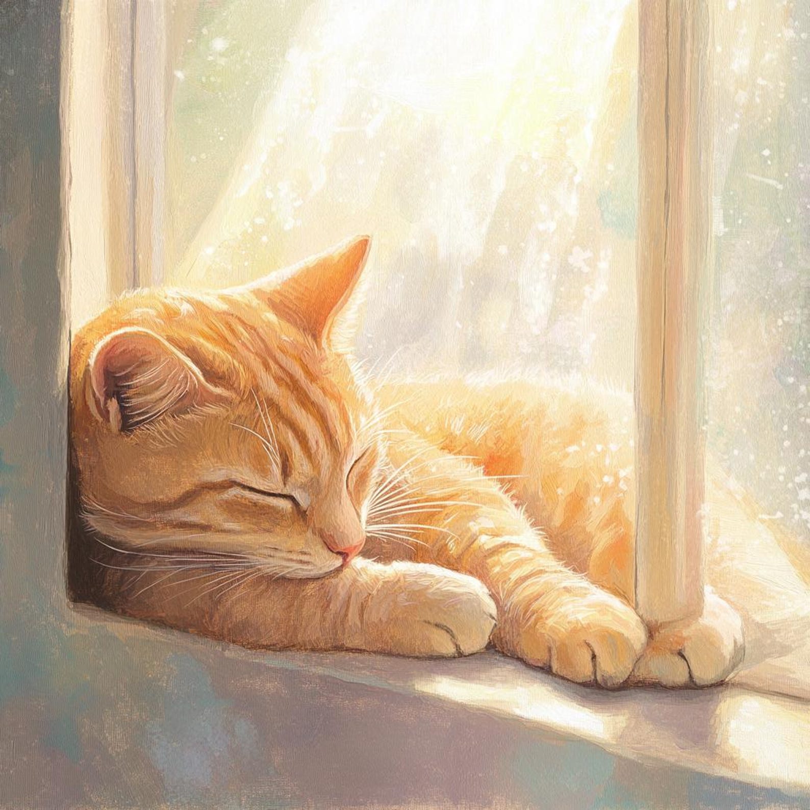 Cozy Sleeping Cat Digital Print | Warm Sunlit Window Art | Relaxing ...