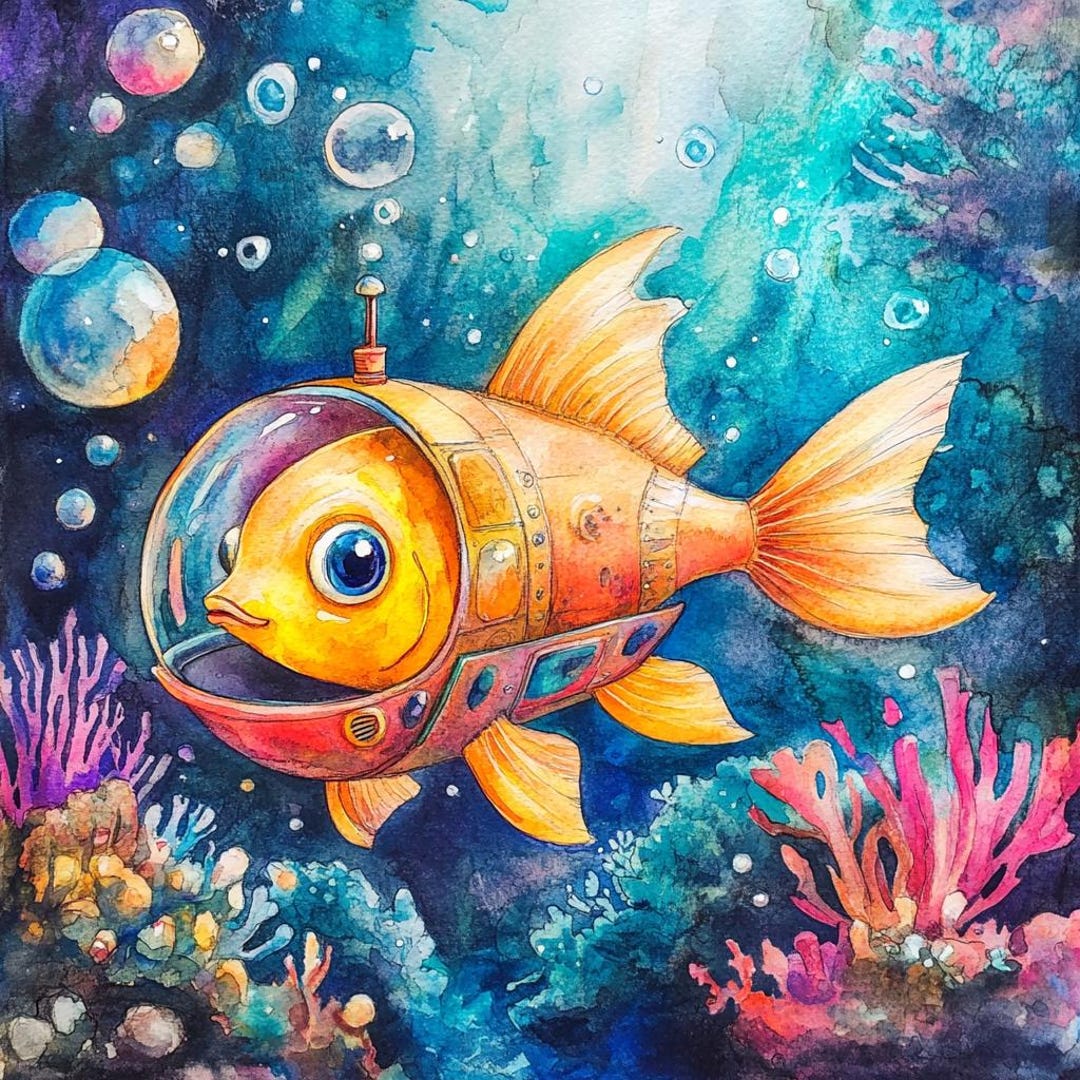 Steampunk Submarine Goldfish Digital Print | Whimsical Underwater ...