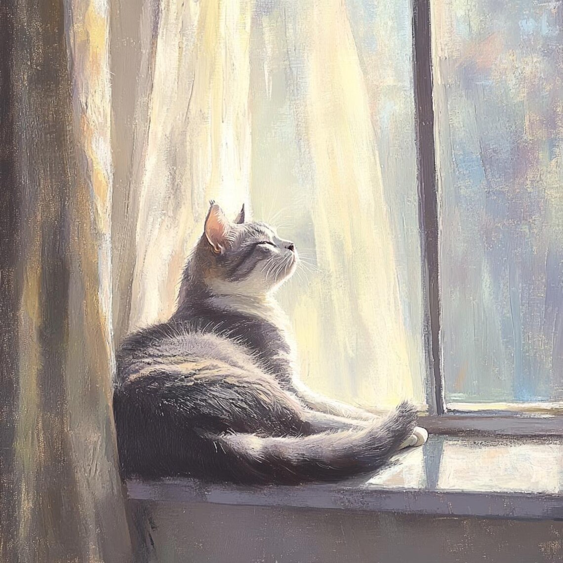 Cozy Sleeping Cat Digital Print | Warm Sunlit Window Art | Relaxing ...