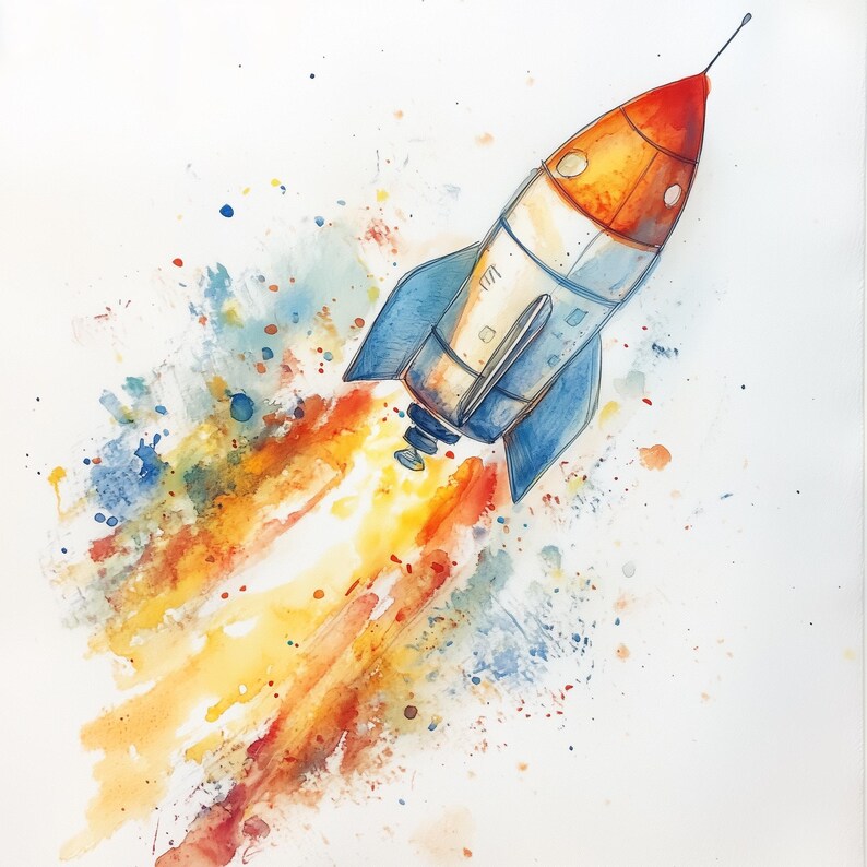 Water Color Rocketship | Printable File | Digital | 5 Sizes Inlcuded ...