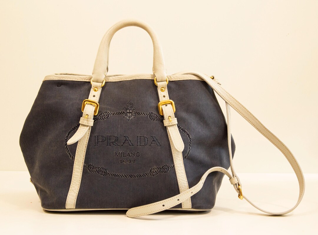 Prada 2-way Bag in Blue Canvas With White Leather Trim and Gold Toned ...
