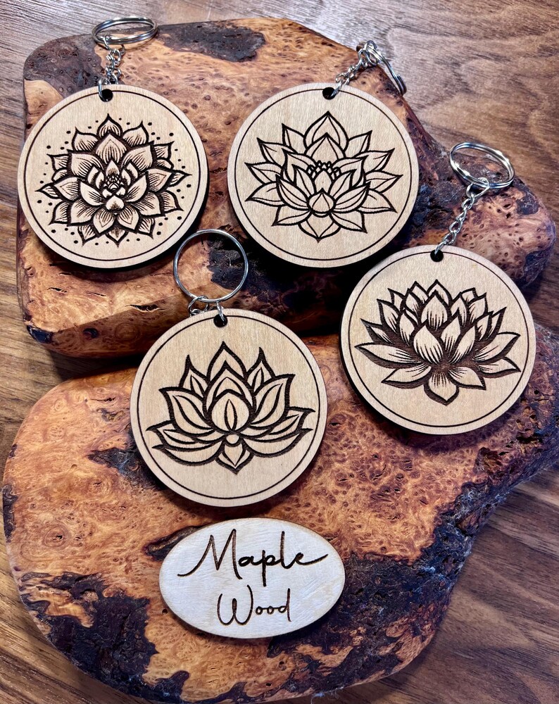 Handcrafted Lotus Flower Wood Keychains - Set of 10 Designs to Choose ...