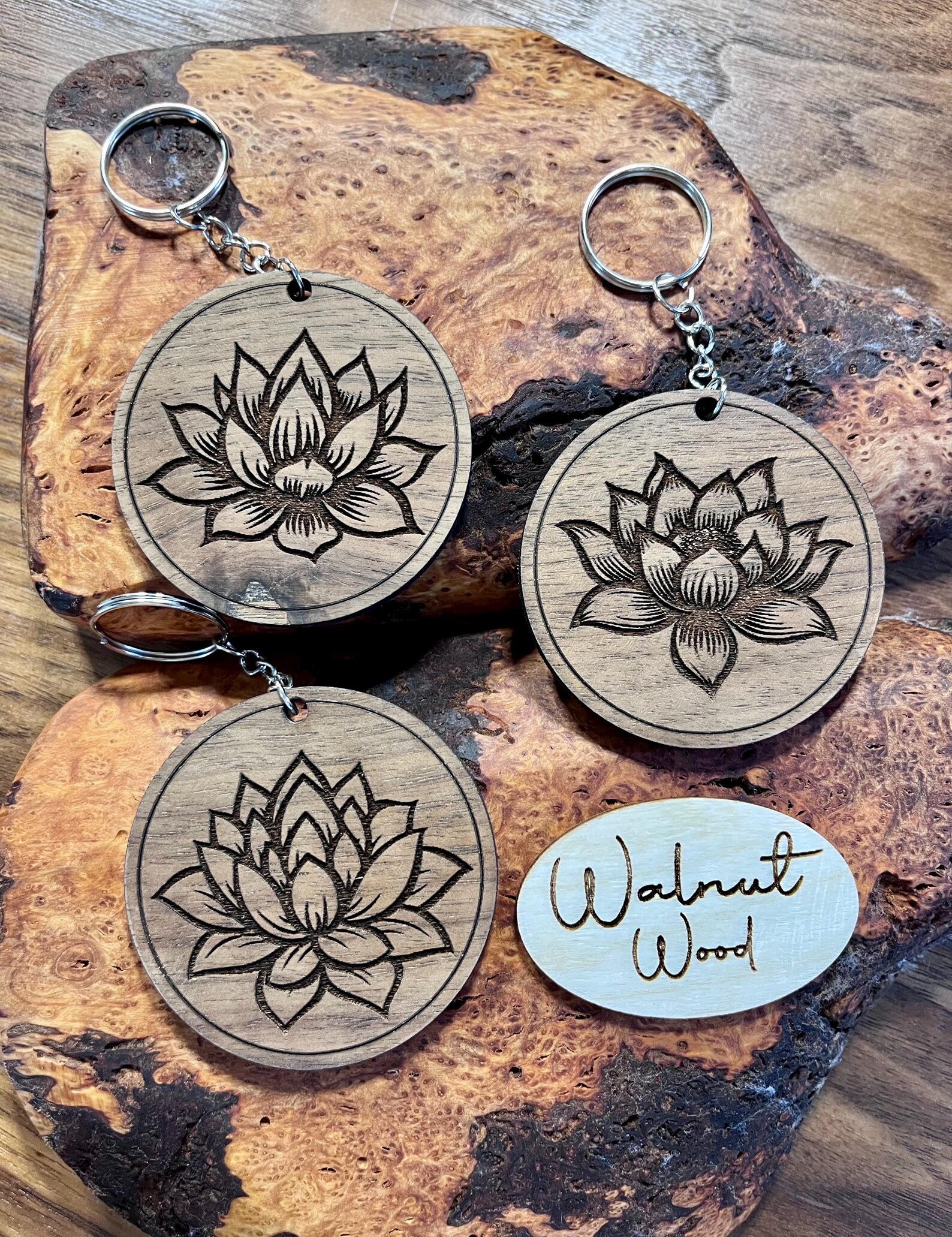 Handcrafted Lotus Flower Wood Keychains - Set of 10 Designs to Choose ...