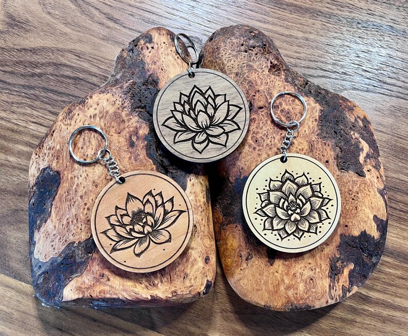 Handcrafted Lotus Flower Wood Keychains - Set of 10 Designs to Choose ...