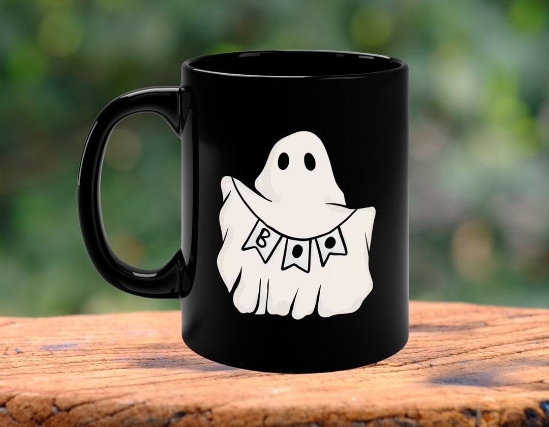 Ghost Mug, Black Ceramic Mug With Ghost Holding Boo Sign, Housewarming ...