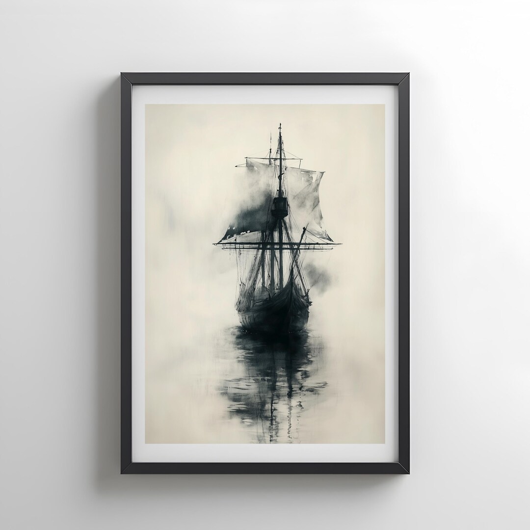 Ghostly Ship Nautical Gothic Art Print, Foggy Sea Landscape, Mysterious ...