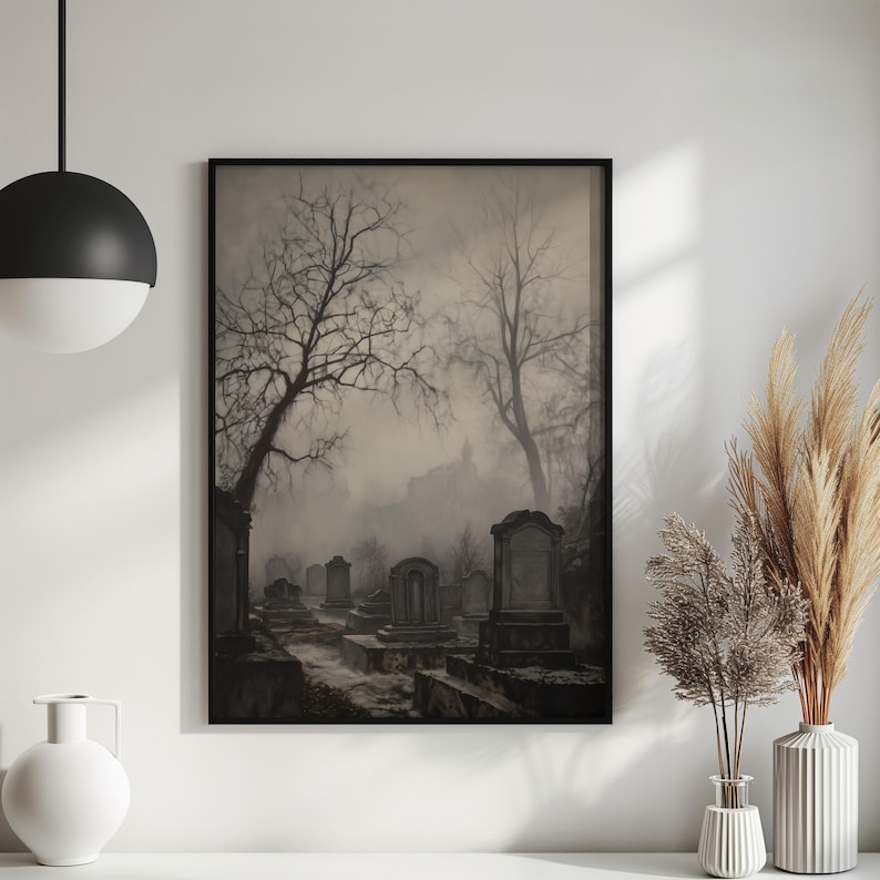 Foggy Graveyard Scene Gothic Cemetery Art Print, Eerie Tombstones in Mist, Haunted Graveyard ...
