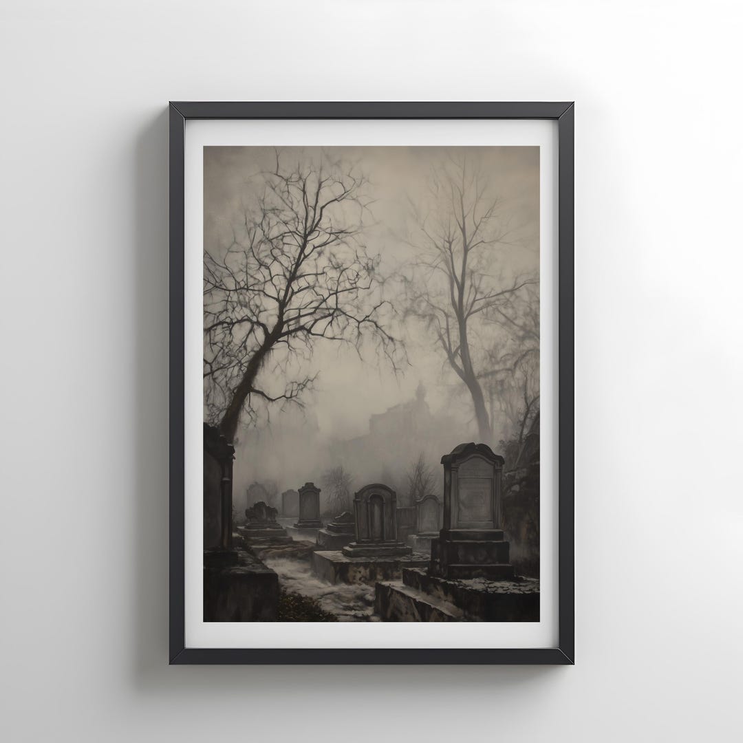 Foggy Graveyard Scene Gothic Cemetery Art Print, Eerie Tombstones in ...