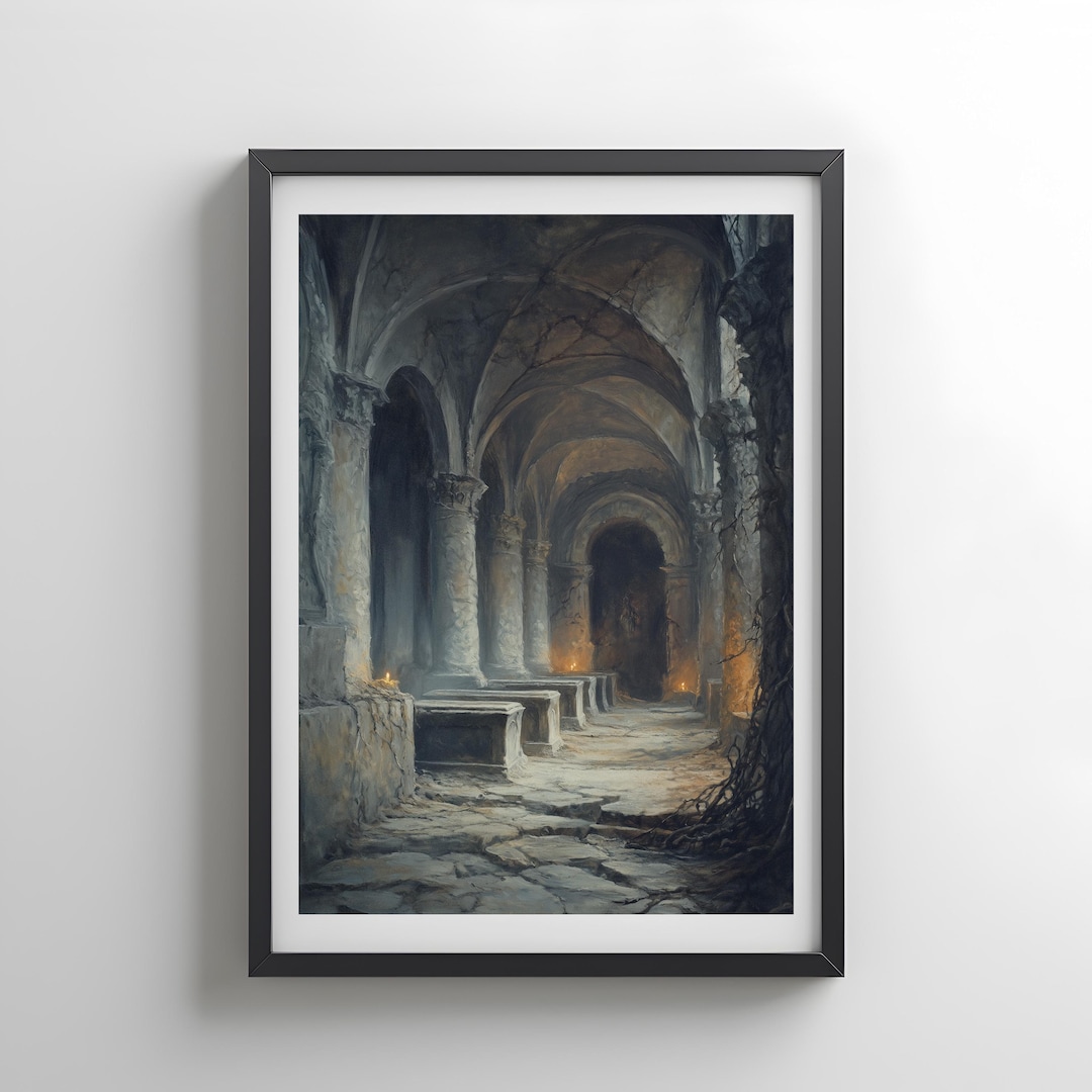 Ancient Gothic Crypt Dark Candlelit Tomb Art Print, Eerie Stone Vaults ...