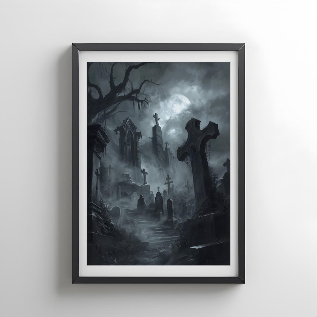 Foggy Cemetery Art Print Dark Gothic Landscape, Haunted Night Scene ...