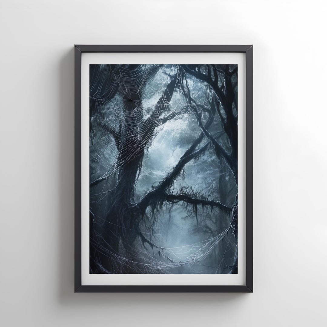 Spider Web Art Print Dark Forest Scene, Eerie Webbed Trees, Spooky ...