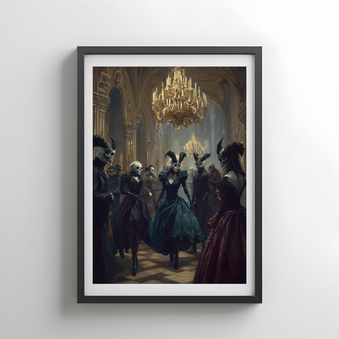Macabre Masquerade Ball Gothic Masked Dance Art Print, Eerie Skeleton ...