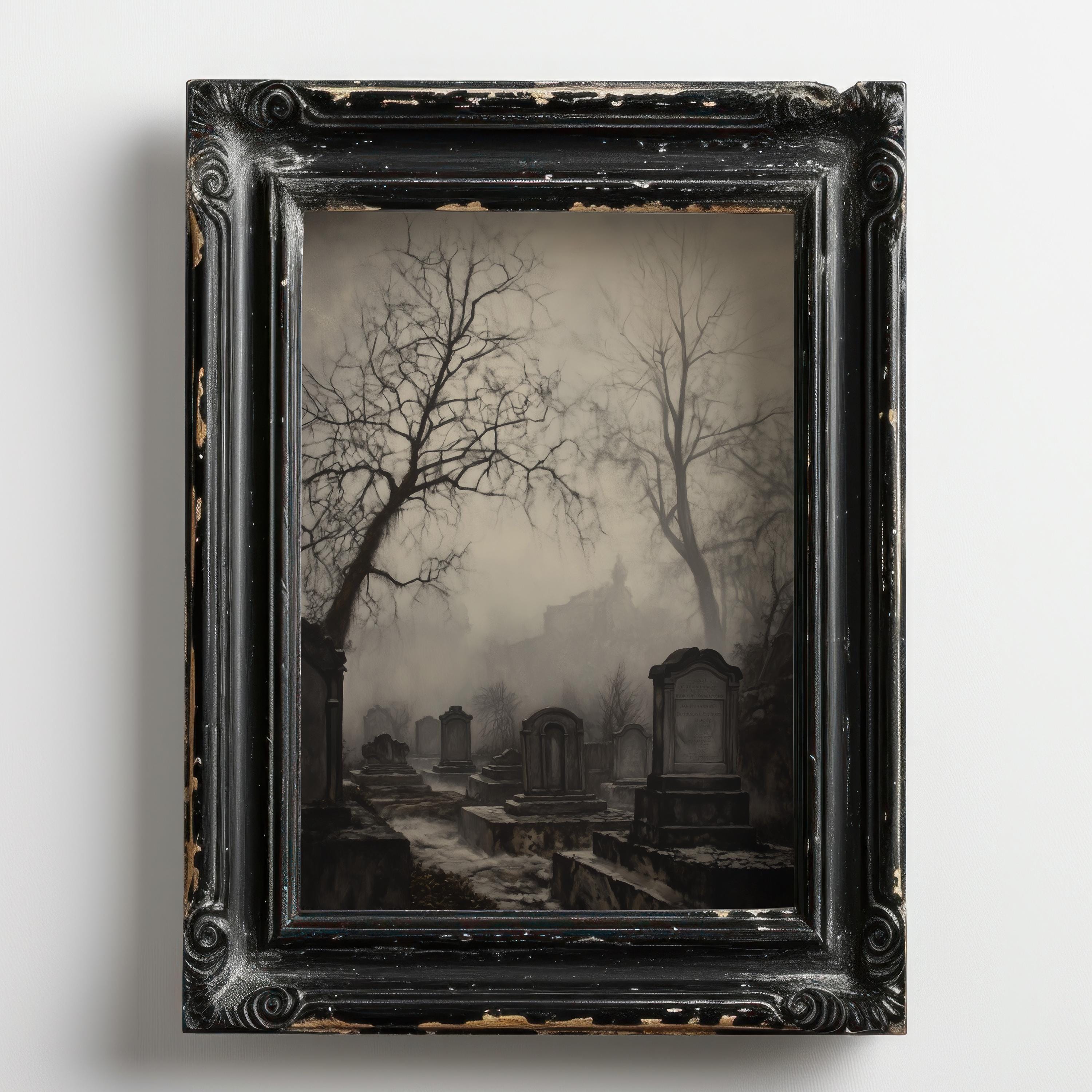 Foggy Graveyard Scene Gothic Cemetery Art Print, Eerie Tombstones in ...