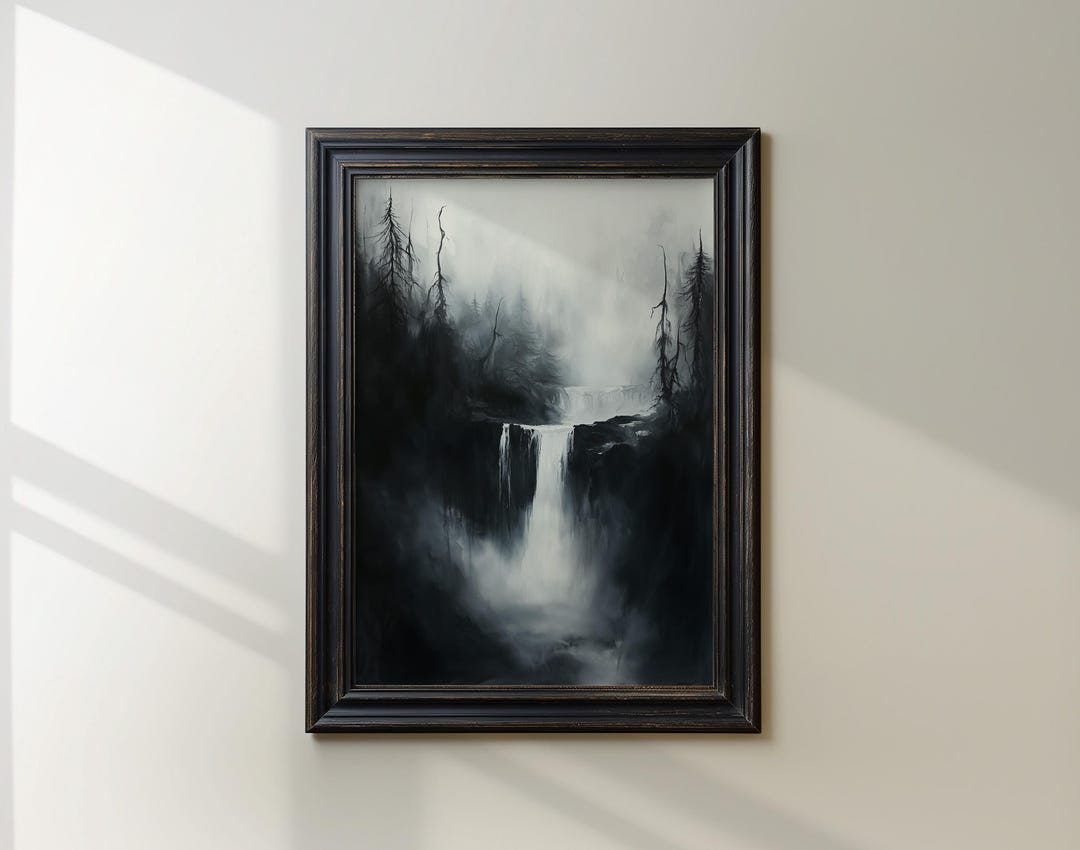Dark Waterfall in a Haunted Forest Watercolour Print – Eerie Grey ...