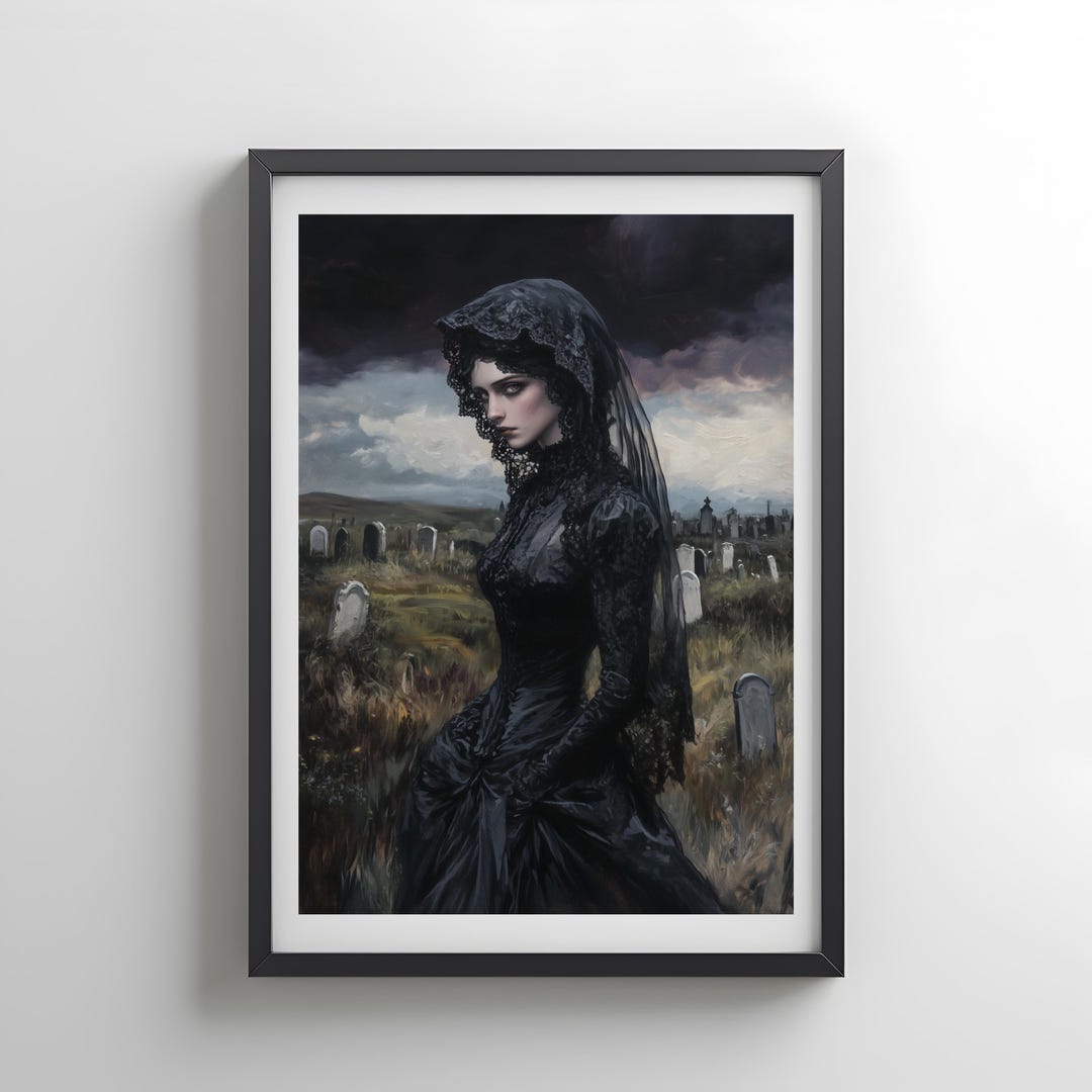 Victorian Mourning Woman - Gothic Dark Art Print, Eerie Graveyard Scene ...