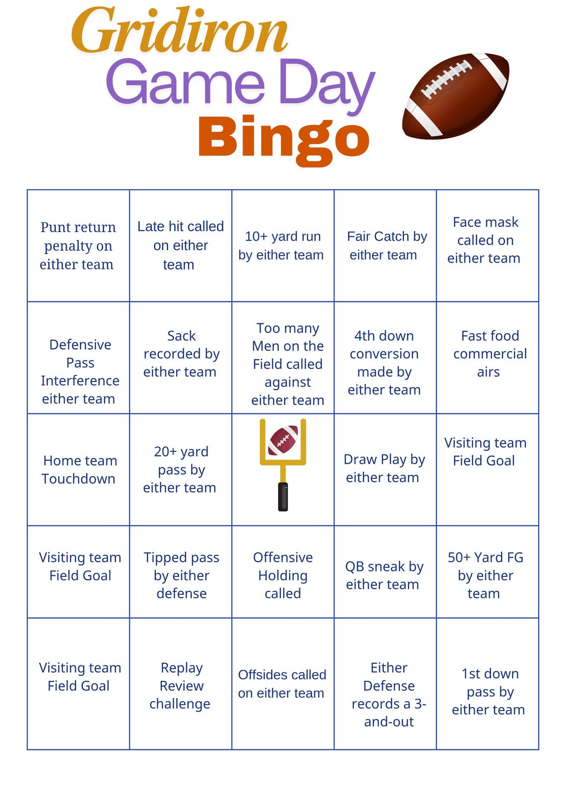 Gridiron Game Day Bingo - Etsy