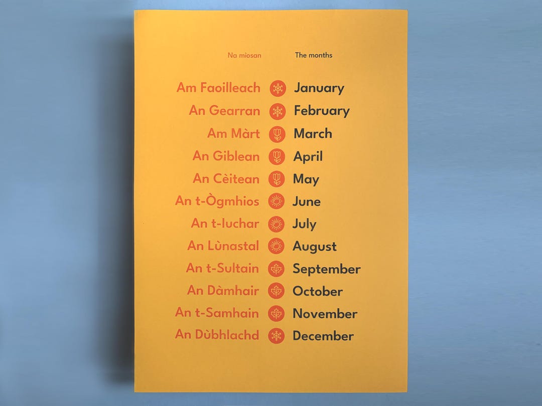 Scottish Gaelic A3 Risograph Poster: Months of the Year, Bilingual With ...