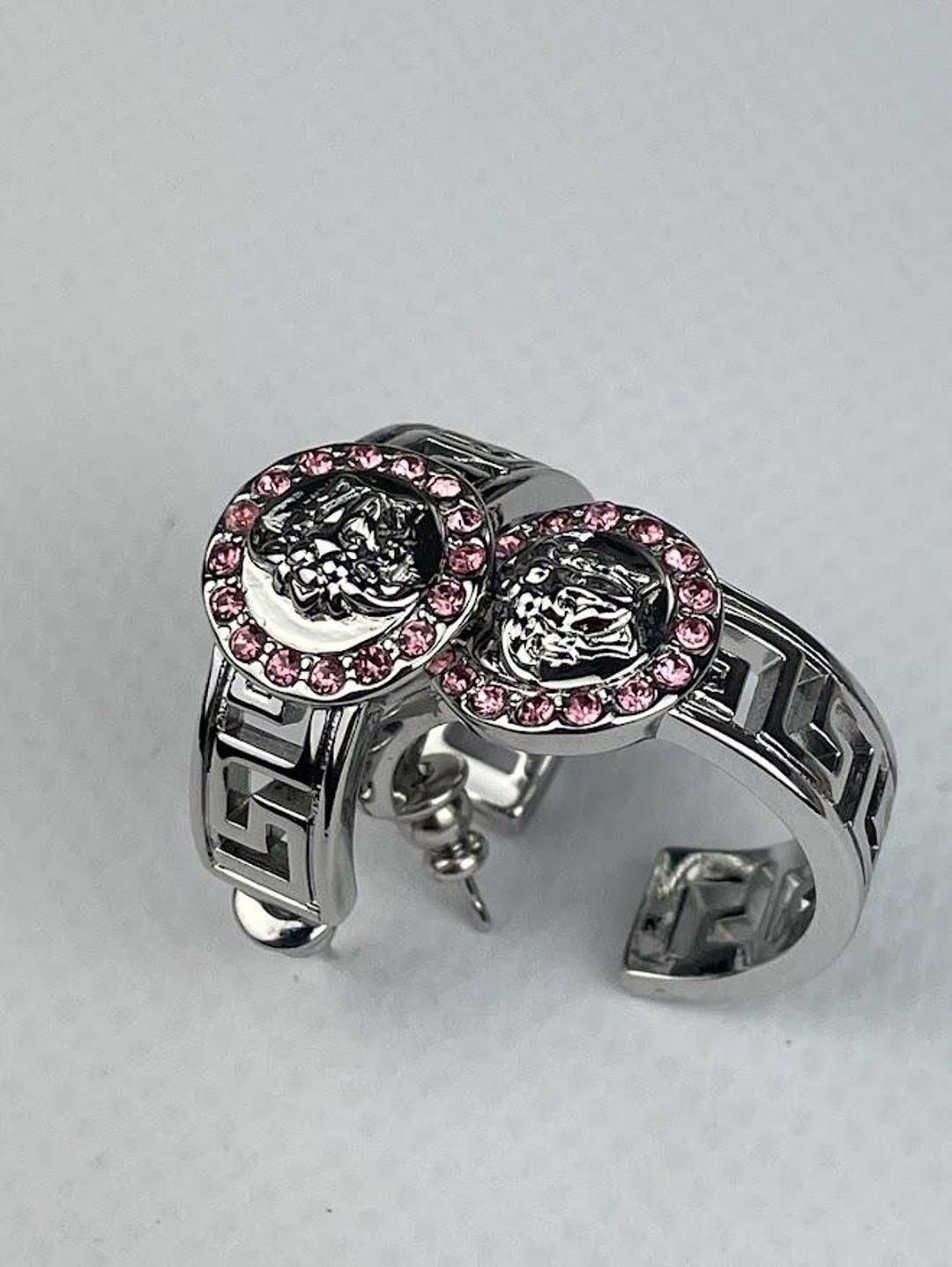 Versace Silver signature Greca Pattern Pink Crystals Hoop Earrings - Etsy