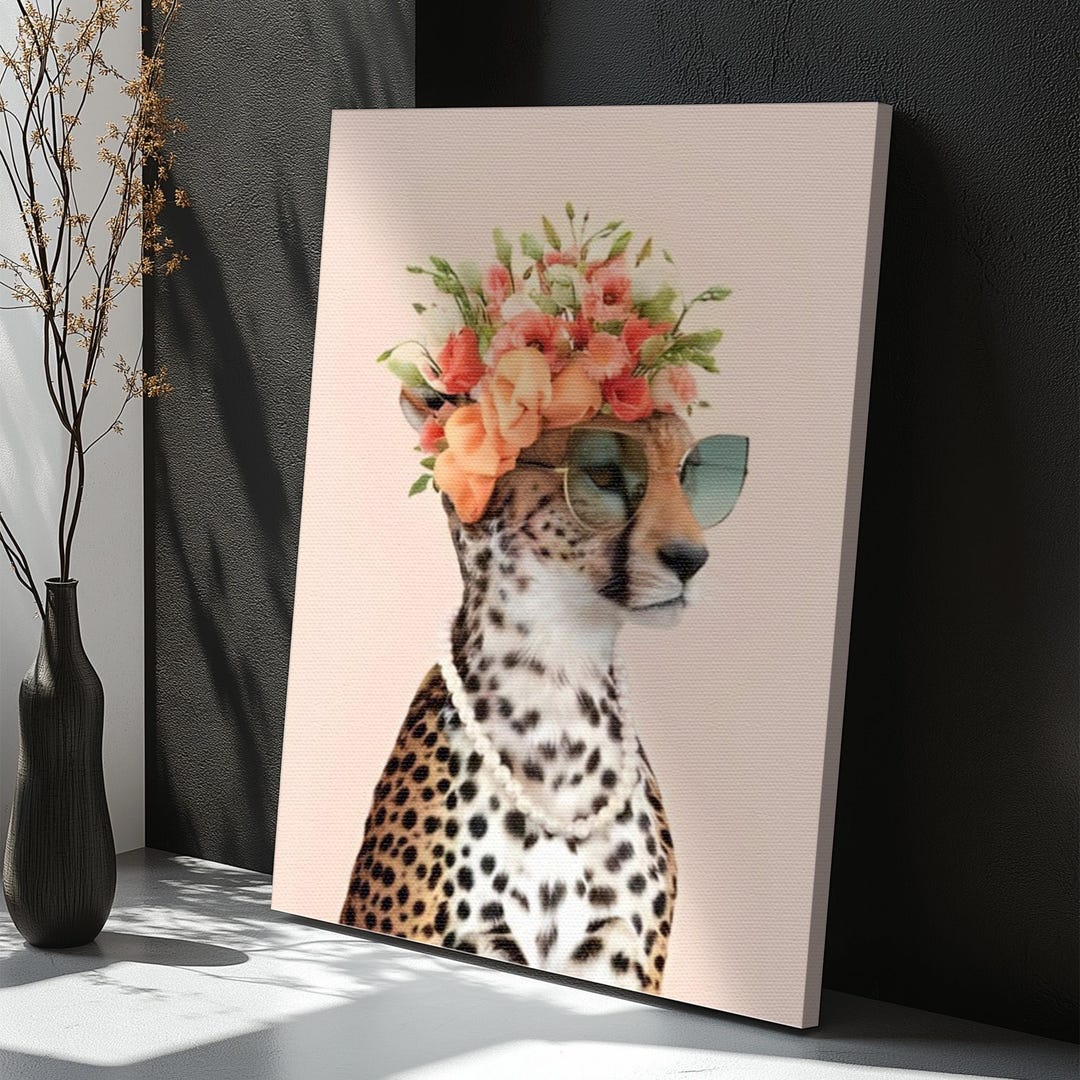 Fancy Cheetah, Flower-crowned Socialite Cheetah Print, Animal Canvas ...
