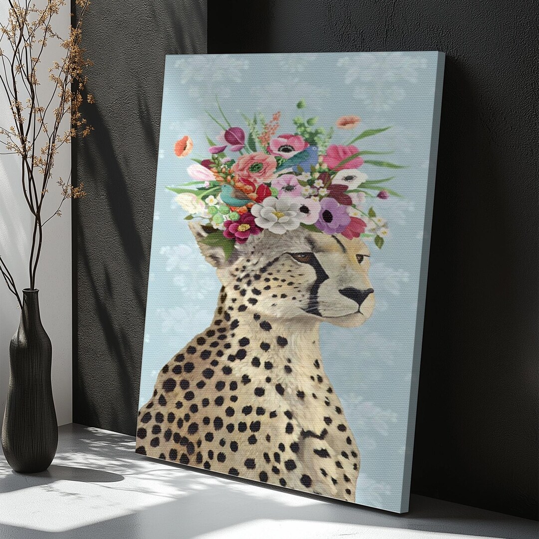 Queen Cheetah With Flower Crown Canvas Print, Housewarming Gifts, Large ...