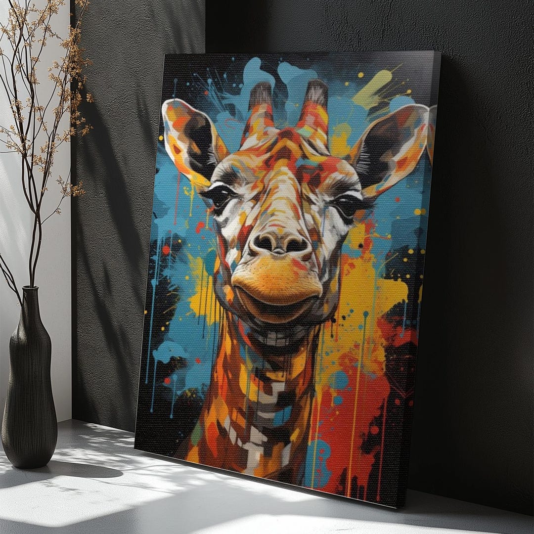 Cute Giraffe Canvas Painting, Framed Canvas Wall Art, Animal Canvas ...