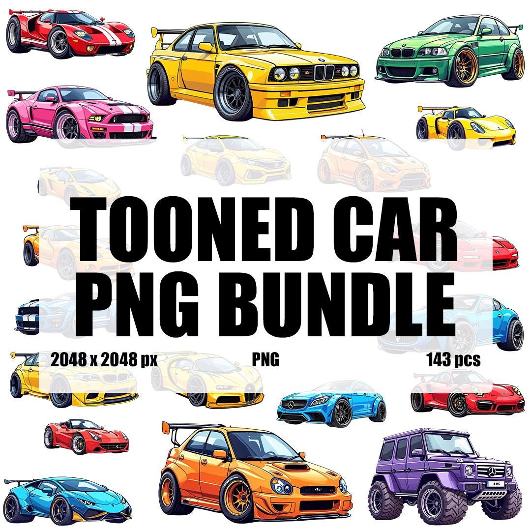 Tooned Car PNG Bundle: 143 Cartoon Car Illustrations (digital Download ...