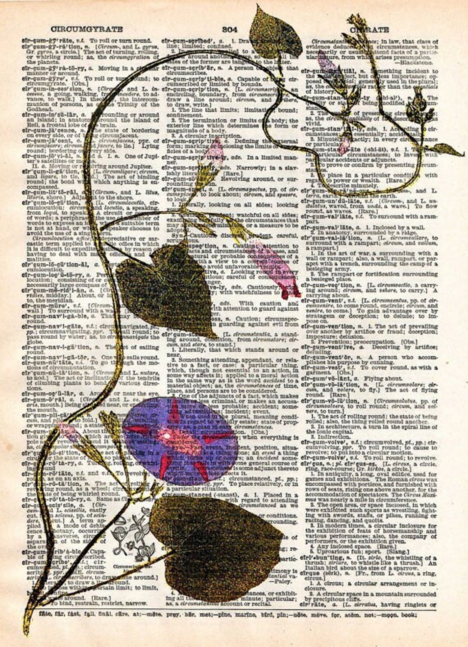 Vintage Old Book Print Floral Art Print Upcycled Antique - Etsy