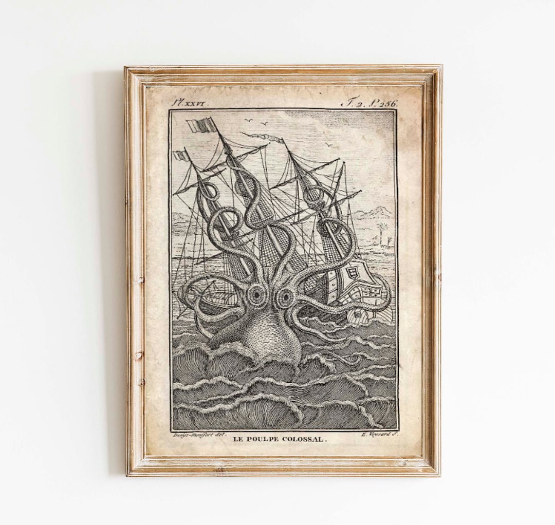 Vintage Sea Monster Print - Colossal Squid - Antique Mythological Print ...