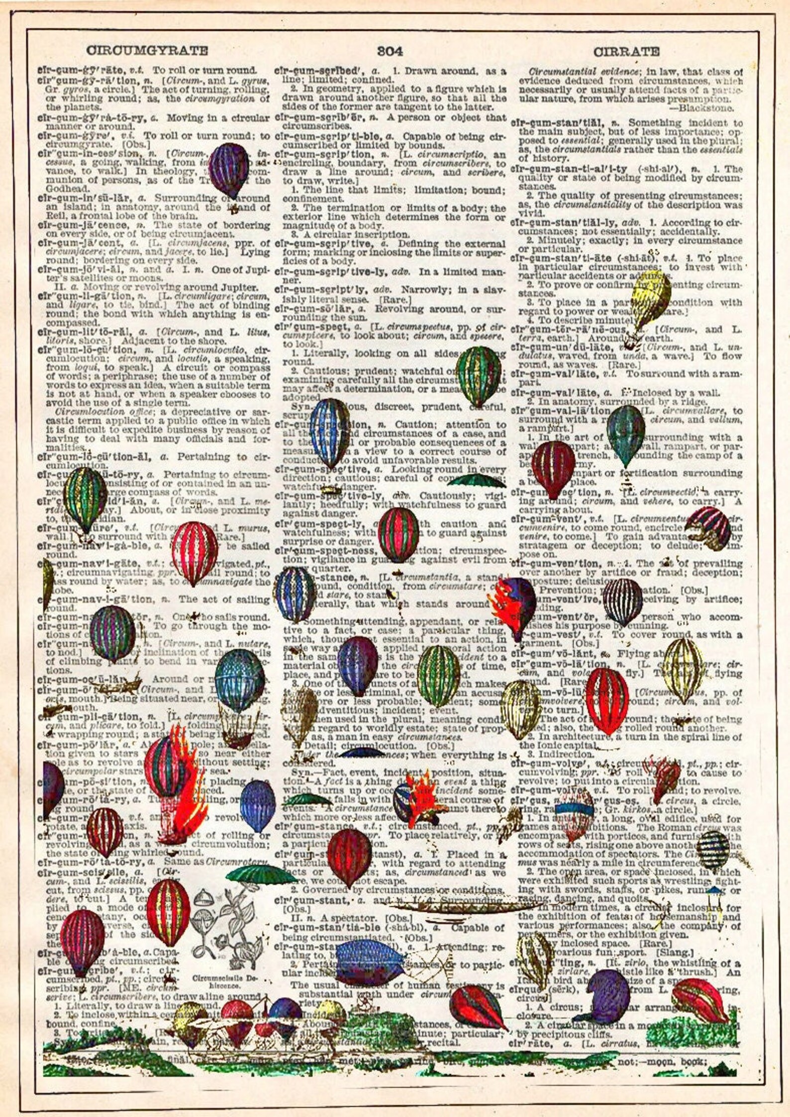 Hot Air Balloon Print Vintage Book Page Print Recycled - Etsy