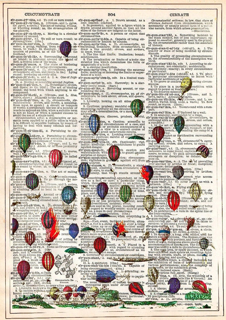 Hot Air Balloon Print Vintage Book Page Print Recycled - Etsy