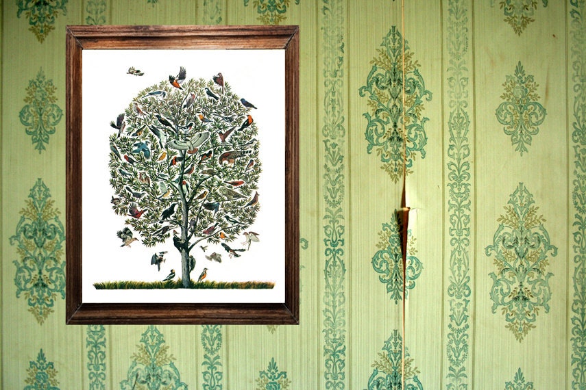 Vintage Feather Print Tree of Birds Natural | Etsy