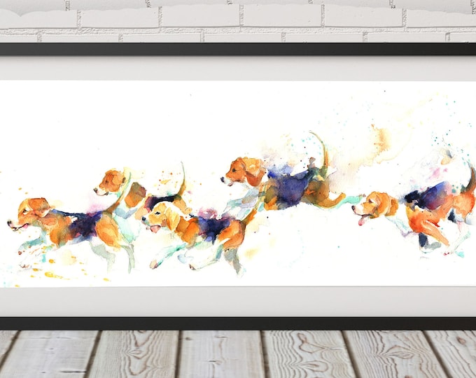 Contemporary Art Print, Watercolour Painting Print, Chasing HOUNDS ...