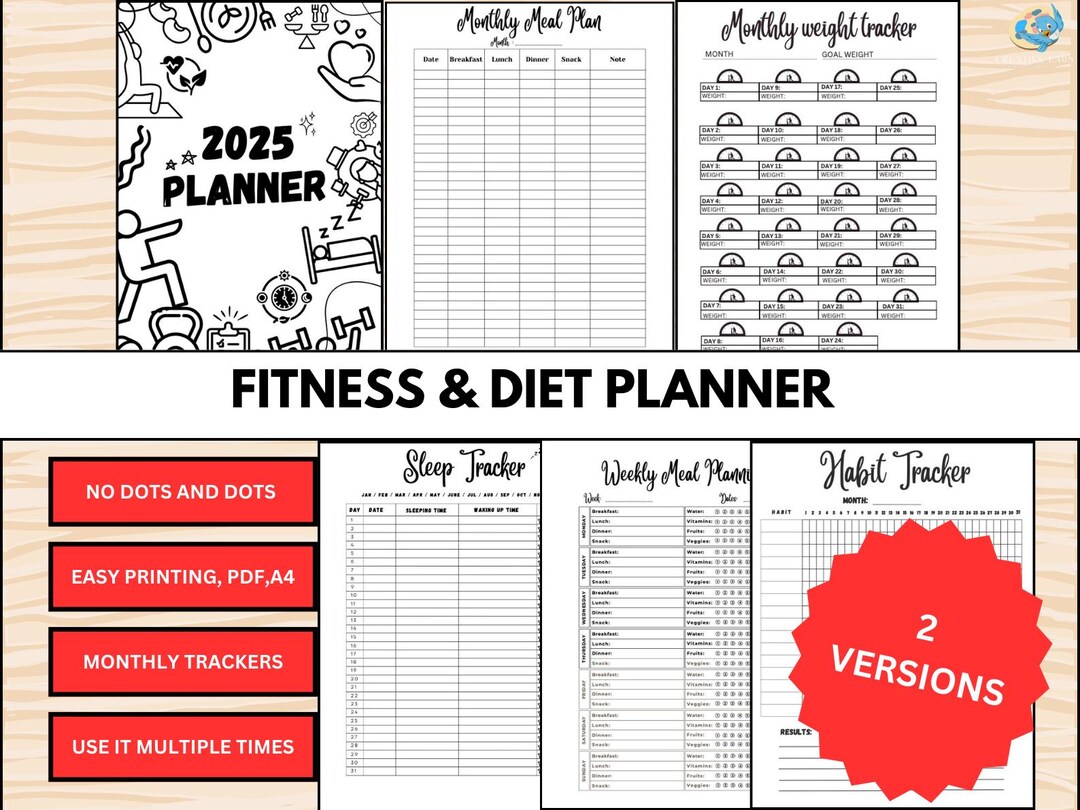 Printable Fitness and Diet Planner | Monthly Weight Tracker, Weekly ...