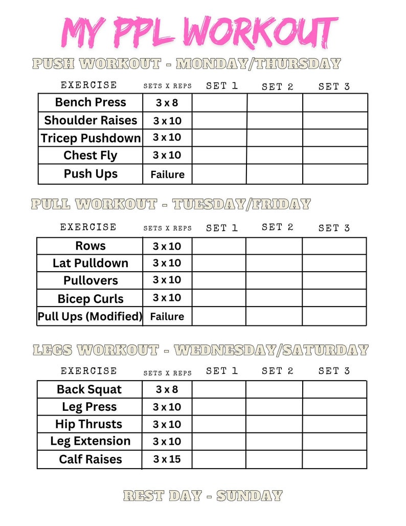 Push Pull Legs Workout - Pink (fillable PDF Sheet) - Etsy