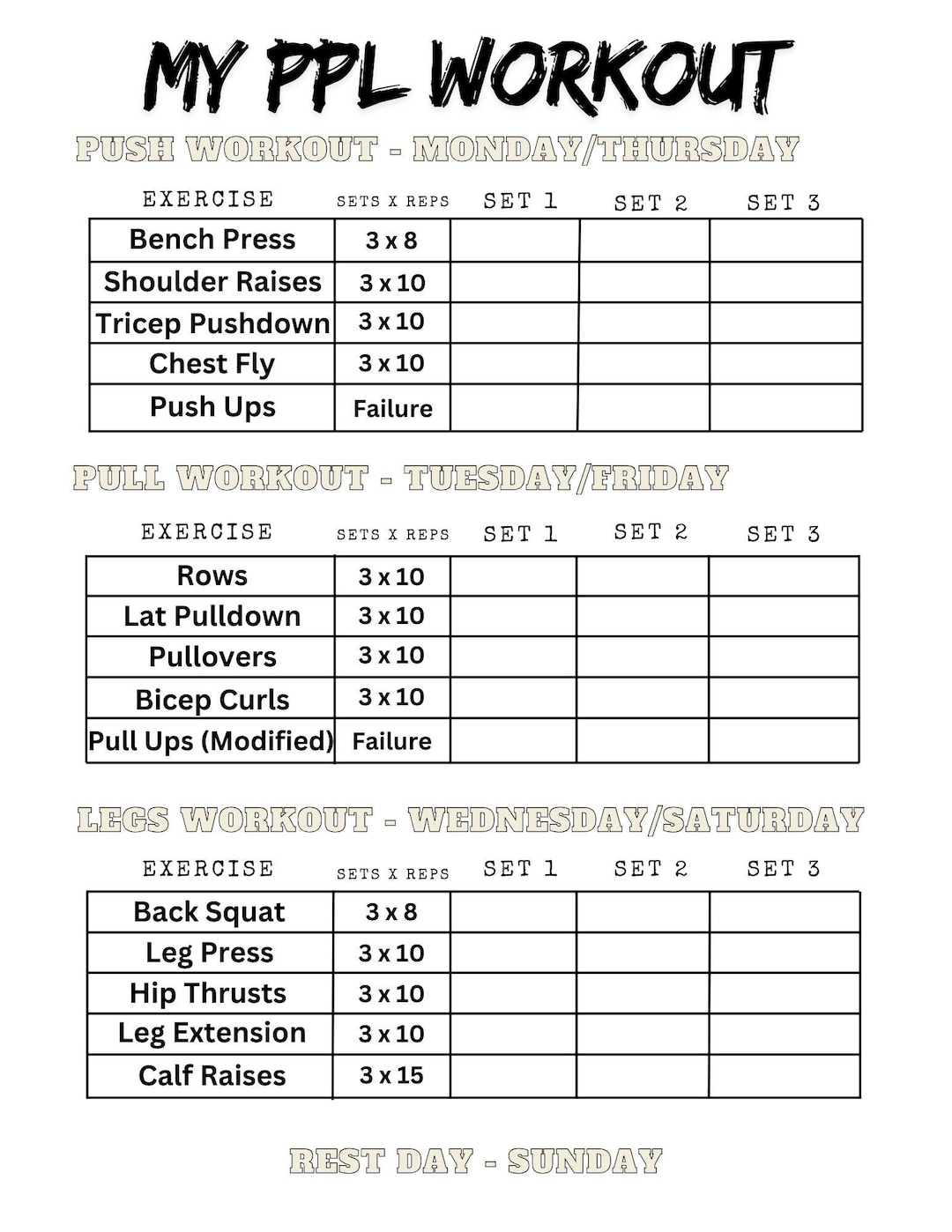 Push Pull Legs Workout - Black (fillable PDF Sheet) - Etsy