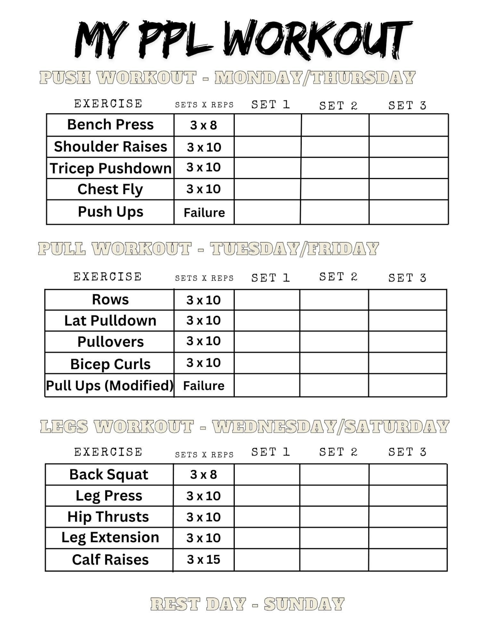 Push Pull Legs Workout - Black (fillable PDF Sheet) - Etsy