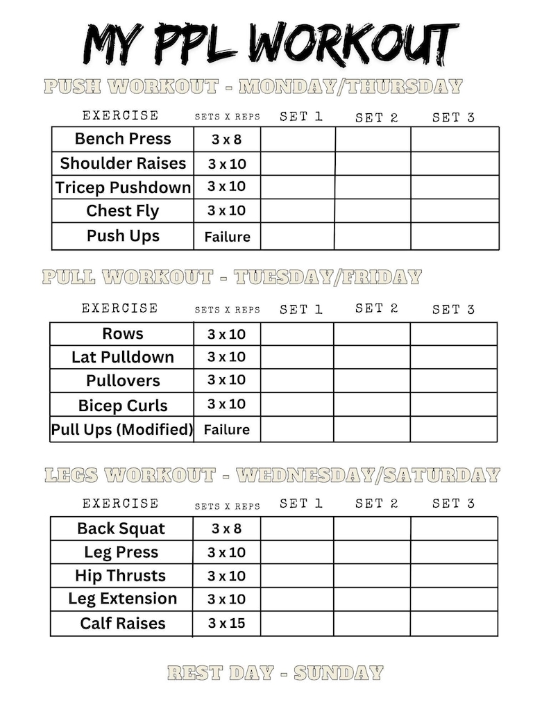 Push Pull Legs Workout - Black (fillable PDF Sheet) - Etsy