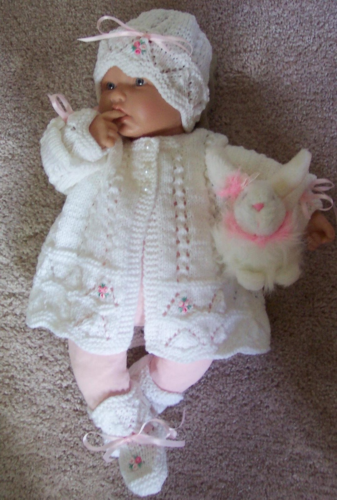 Hand Knit White Baby Sweater Set: Lace Stitch, Pearl Buttons (0-12M) - Etsy