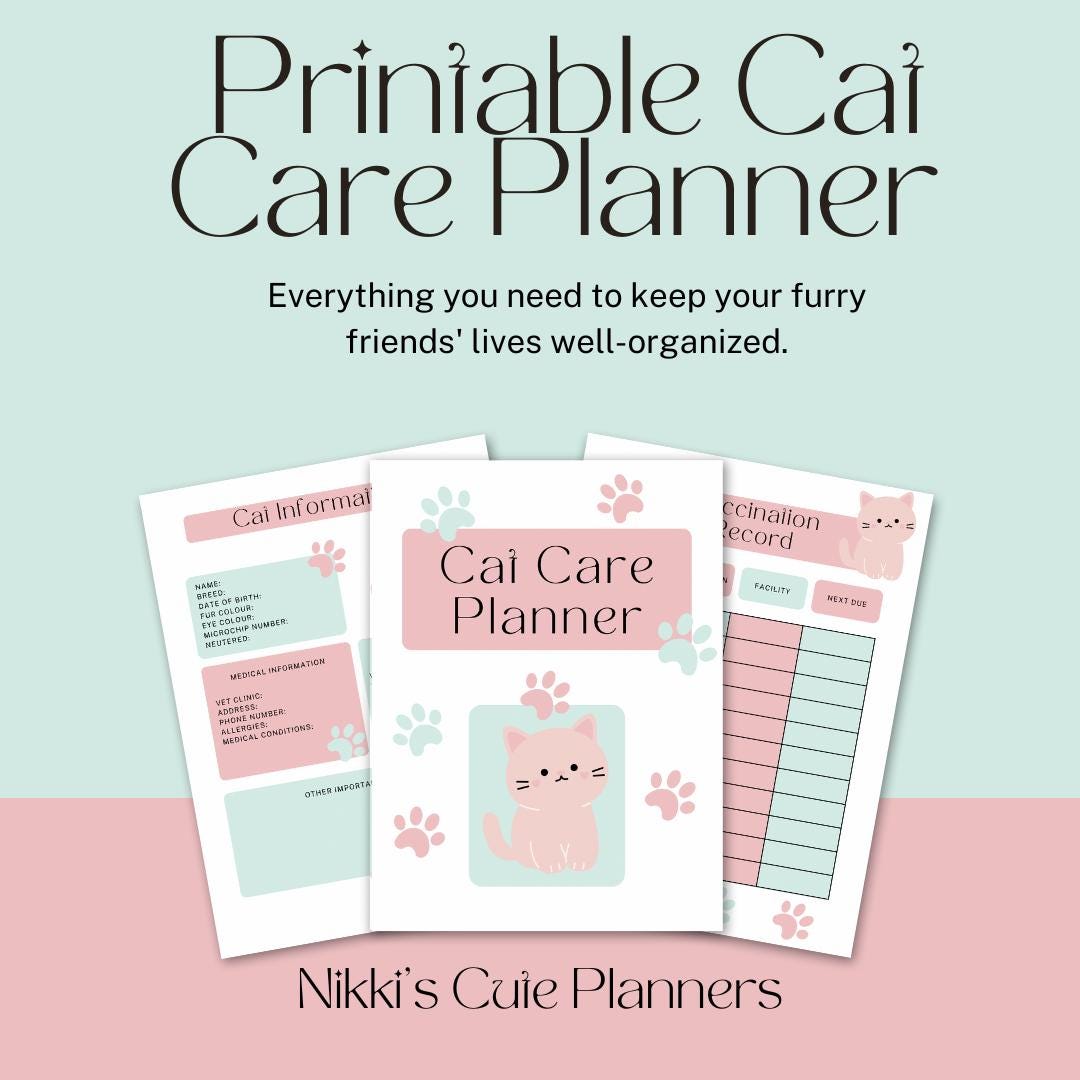 Cat Care Planner Printable, Instant Download A5 & A4, Cat Care Binder ...